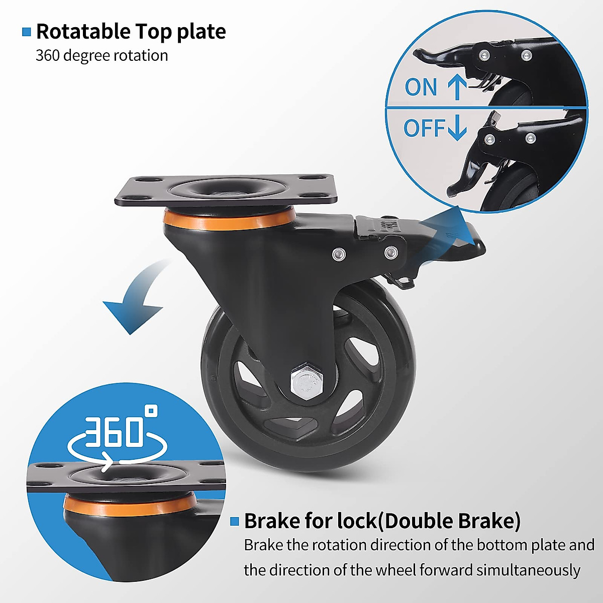 5 Inch Caster Wheels 2200Lbs, Casters Set of 4, Heavy Duty Casters with Brake, Safety Dual Locking Industrial Casters, No Noise Wheels with Polyurethane Foam (Two Hardware Kits Included)