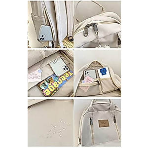 Braised Pork Preppy Backpack Kawaii Backpack with Plushies Cute Vintage Backpack for School Girls Light Academia Bookbags Preppy Aesthetic Backpack (White)