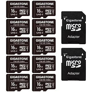 [Gigastone] 16GB 10-Pack Micro SD Card, FHD Video, Surveillance Security Cam Action Camera Drone, 85MB/s Micro SDHC UHS-I U1 Class 10, with Adapters