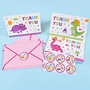 WERNNSAI Dinosaur Thank You Card - 24 Sets Kids Dino Thank You Cards with Envelopes for Toddler Girls Childrens Blank Thank U Notes for Birthday Party Gift Cards 4" X 6"