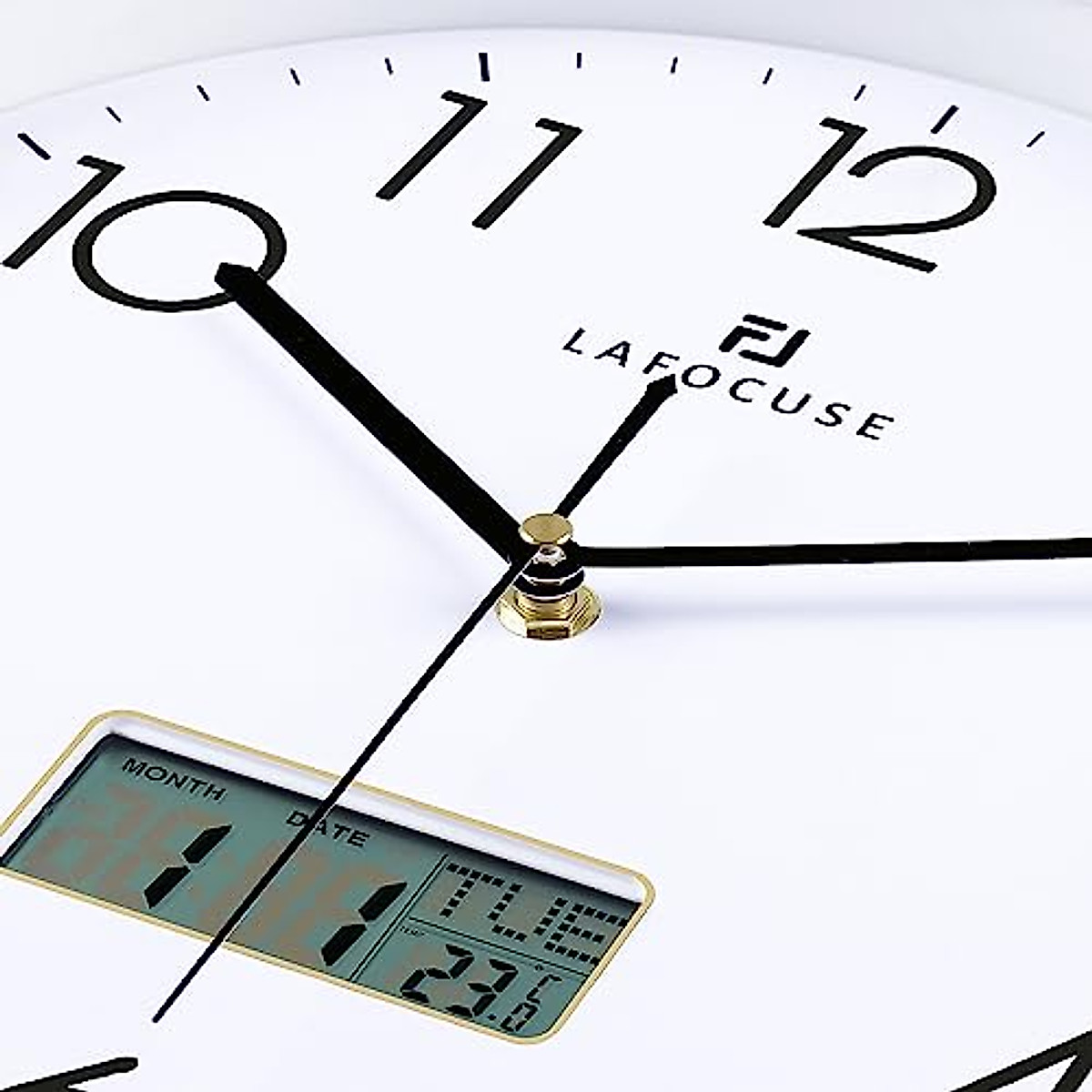 Lafocuse Silver Wall Clock with Date,Month,Day of Week and Temperature, Silent Non-Ticking Battery Operated Clock for Living Room Bedroom Office Decor