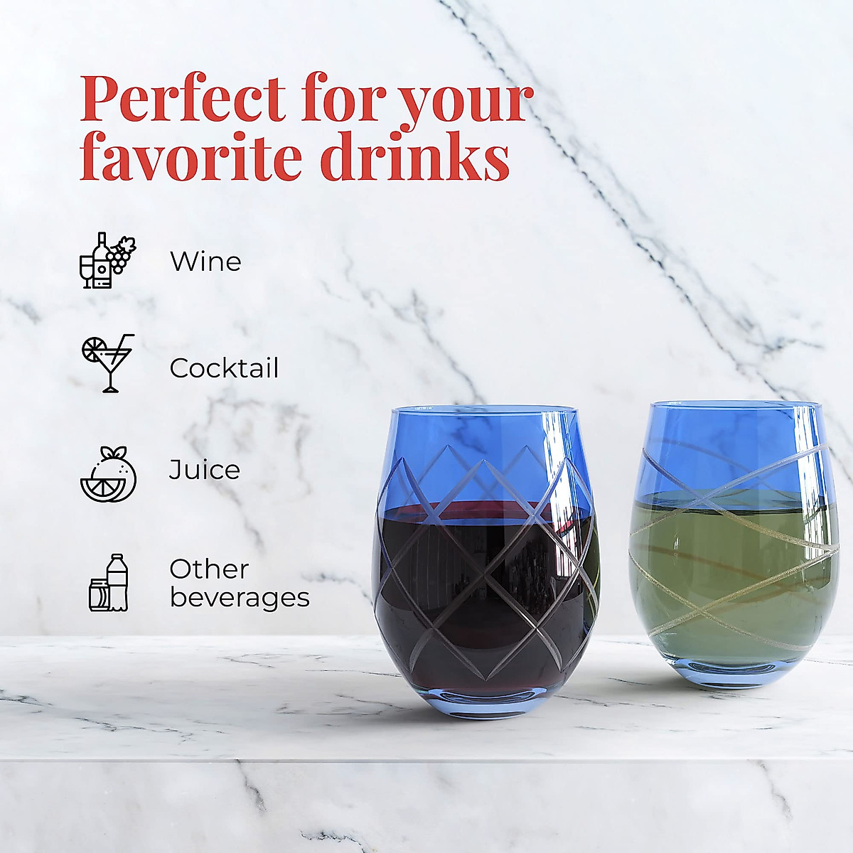 American Atelier Medallion Stemless Wine Glass Set of 6, 17 oz, Etched Patterns, Textured Glass Cups, Glasses for Red or White Wine, Stemless Goblets, Fifth Avenue Crystal, Blue