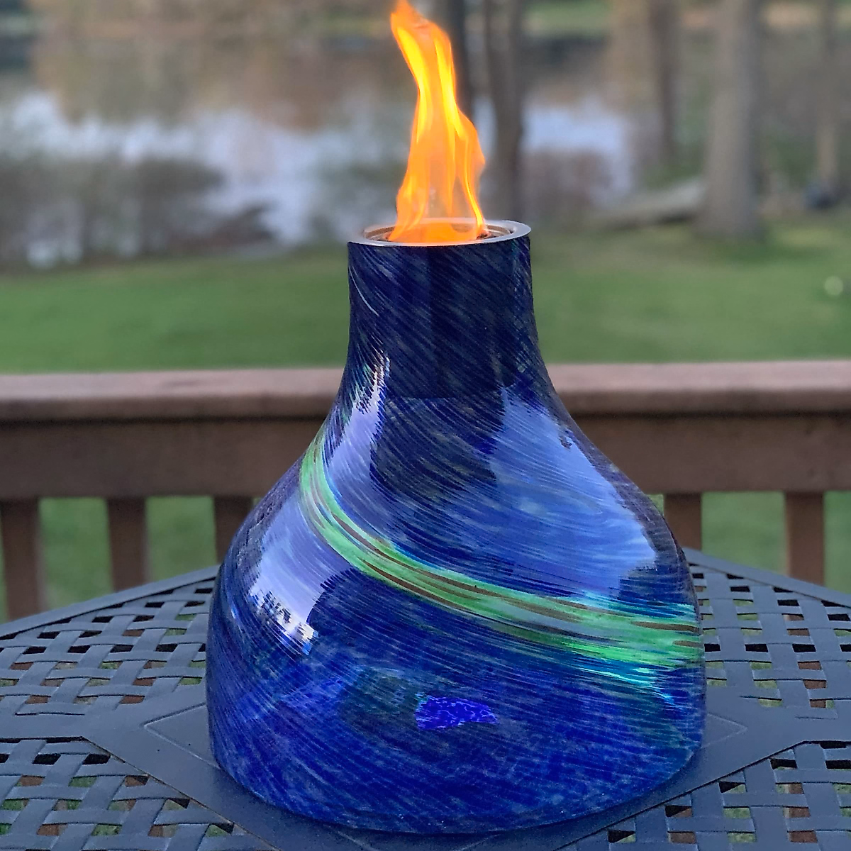 EchoFlame - Illuminarie Magnum Glass Indoor/Outdoor Portable Tabletop Fireplace and Gel Burner. Use with Certified Safe EchoFlame Gel-Fuel cans. Blue/Green, 11.75 x 12.25 inches