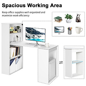 IFANNY White Computer Desk w/Bookshelf, Modern Home Office Desk w/Storage Shelves & CPU Stand, Space-Saving Design, Compact Corner Computer Workstation for Small Spaces