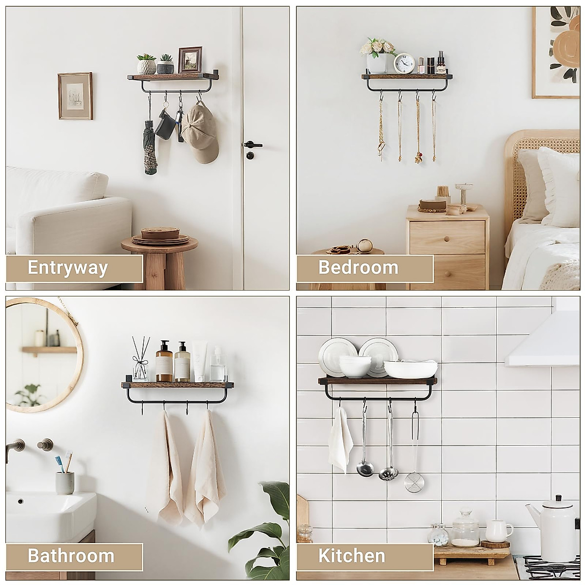 Mkono Mug Holder Wall Mounted Coffee Mug Rack Set of 2 Rustic Floating Shelf for Coffee Bar Accessories Wood Tea Cup Hooks Hanger for Organizing Cooking Utensils, Home Kitchen Decor