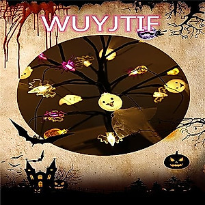 WUYJTIF 1.5FT Black Halloween Tree Lights with 24 Decorated Ghost/Pumpkin/Spider Lights, Timer/Battery Powered Halloween Decorations Indoor Outdoor Suitable for Home, Table, Mantle, Party Decorations
