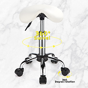 FNZIR Saddle Rolling Stool with Wheels PU Leather Height Adjustable Swivel Stools Chair White