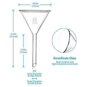 75mm Glass Funnel, Short Stem Borosilicate Glass Funnel for Science Labs and Home Kitchen Use, HUAOU, Pack of 1