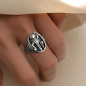 Vintage Astronaut Open Statement Rings for Men Women S925 Sterling Silver Plated Unique Romantic Engagement Wedding Planet Star Spaceship Universe Adjustable Ring Fashion Promise Jewelry Gift for Valentine's Day Anniversary Xmas Bff (Oval)