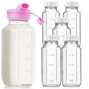 16 Oz Square Glass Milk Bottles with A Silicone Cover, 6 Pack Glass Bottles for Juicing with Airtight Lids, Glass Drinking Bottles with Lids and Scale Mark, Easy to Carry
