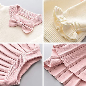 Toddler Baby Girls Outfit Knitted Buttons Sweater Tops Mini Skirt Bowknot Ruffle Long Sleeve Autumn Winter Clothes Set for Kids Christmas Outfits Princess Dress up Knit Crochet Pink 2-3T