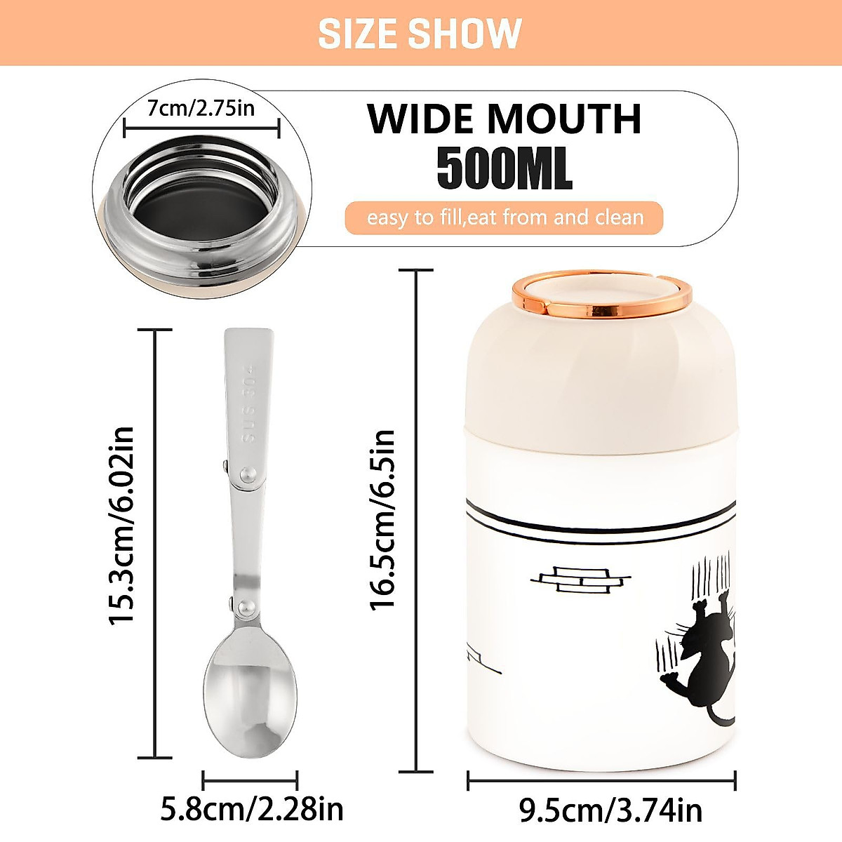 CUPADA Black Cat Scratch Mouse Food Jar, Wall Funny Insulated Hot Food Jars Vacuum 17OZ with Folding Spoon for Work Trip Picnic Camping