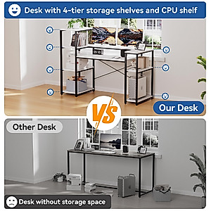 HYPIGO White Computer Desk with Printer Shelf, 63 Inch Industrial Office Desk with Storage Shelves, Writing Workstation with Bookshelf, Study Table for Home Office