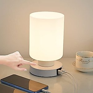 Touch Table Lamps with USB A+C Charging Ports, 3-Way Dimmable Bedside Nightstand Lamp with White Opal Glass Shade, Modern Small Lamp for Bedroom, Living Room (E26 Warm LED Bulb Included) (Cylindrical)