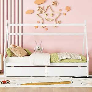 Linique Twin Size Tent Floor Bed with Two Drawers,Wooden Twin Platform Bed Frame Teepee Bed,White