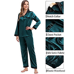 SWOMOG Couples Pajama Sets Women & Men Silky Satin Long Sleeve Sleepwear Classic Button Down Soft Loungewear Pjs Set Women Deep Green Large