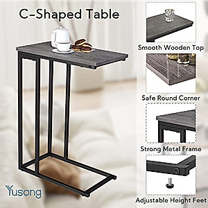 Yusong Small C Shaped End Table, Slim Narrow Couch Side Tables Slide Under Sofa Bed, Skinny Snack Tray Table for Coffee Laptop in Living Room,Easy Assembly,Grey