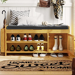 FORABAMB Shoe Bench, Bamboo Wood and Rattan Entryway Storage Bench with Padded Cushion, 11.4"D x 38.4"W x 19.7"H