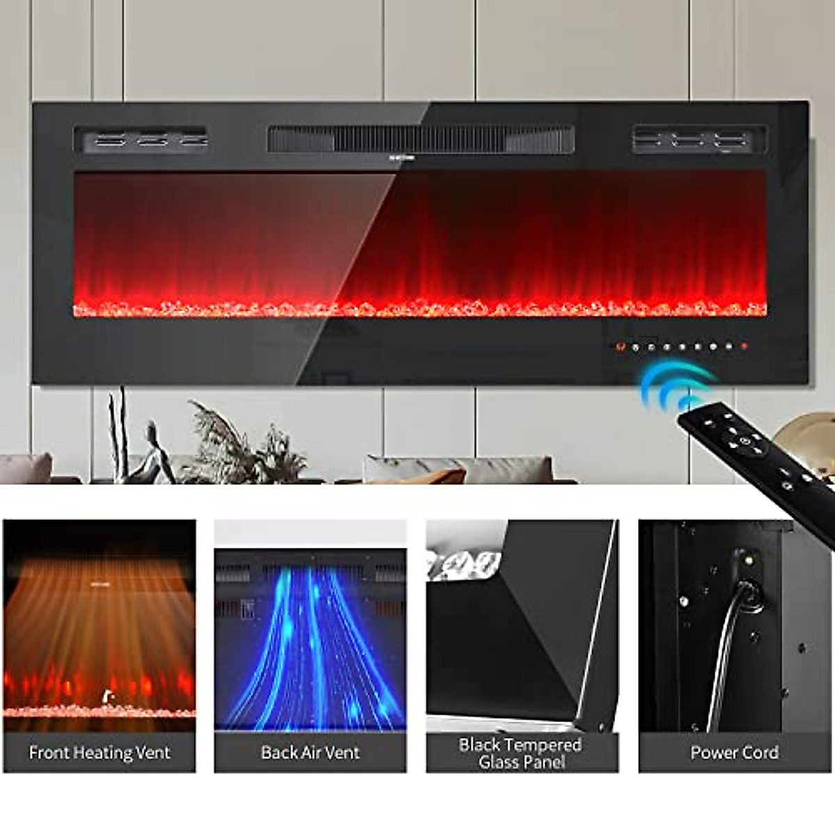 oneinmil Electric Fireplace, 50 inch Wide Recessed/Wall Mounted/Free Standing Electric Fireplace, Remote Control with Timer 12 Adjustable Color Flame, Remote Control,with Crystal Stone, 750/1500W