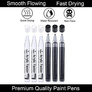 Black Paint Pens, 6 Pack 0.7mm Acrylic Black Permanent Marker ,White Paint Pens for Rock Painting, Stone,Wood, Plastic, Ceramic, Glass, Metal Canvas, Paper, Water-based Extra Fine Point