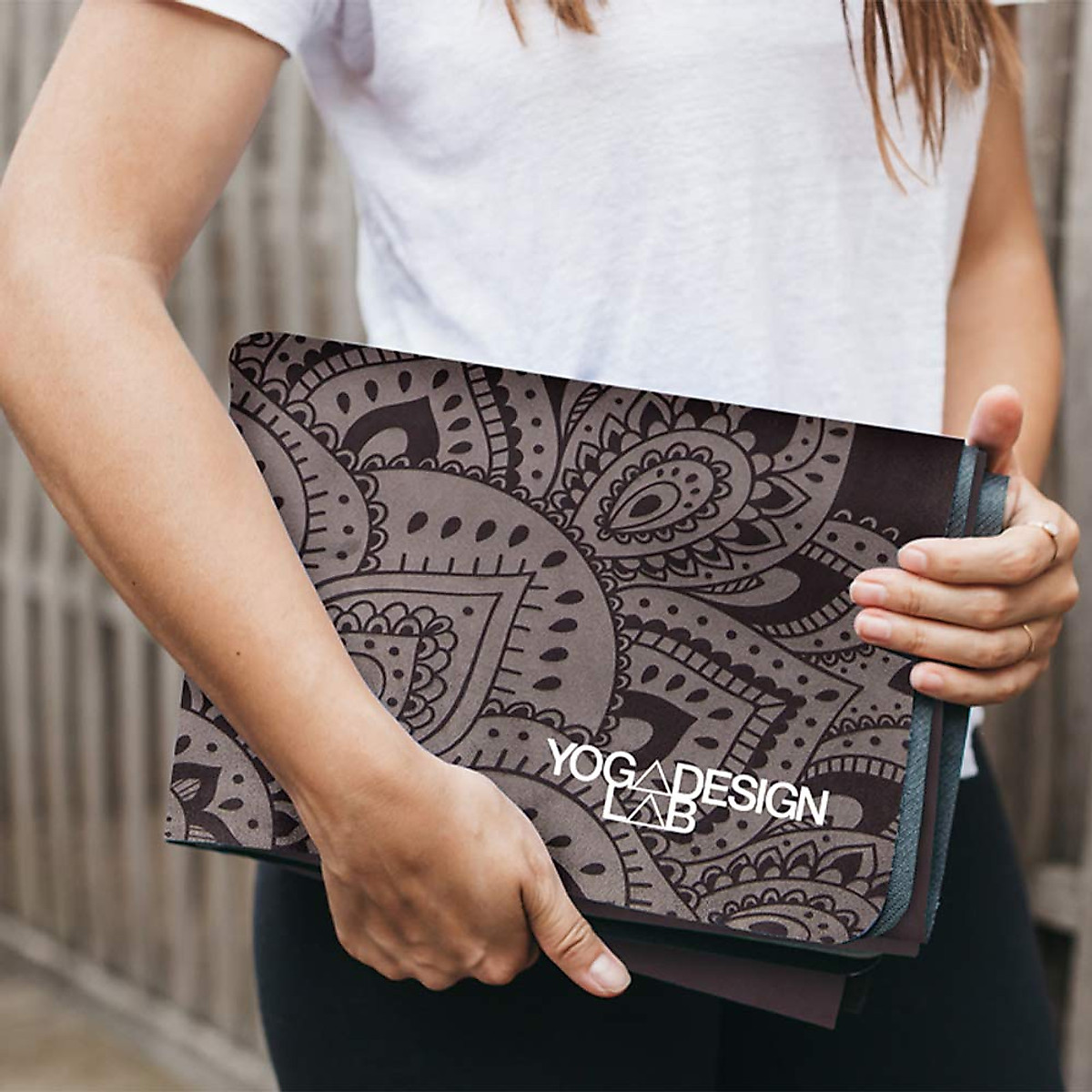 YOGA DESIGN LAB | Travel Yoga Mat | 2-in-1 Mat+Towel | Lightweight, Foldable, Eco Luxury | Ideal for Hot Yoga, Bikram, Pilates, Barre, Sweat | 1.5mm Thick | Includes Strap (Mandala Black, 1.5mm)