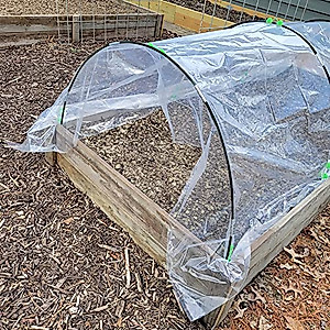 Greenhouse Hoops Grow Tunnel 60 Pcs 16 Inch Up to 12 Sets of 7ft Long Plastic-Coated Rust-Proof Fiberglass Garden Hoops for Raised Beds with 50 Pcs Metal Connect Pipes and 40 Clamps