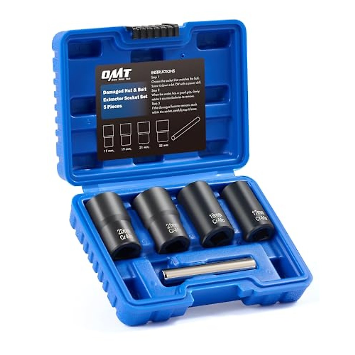 OMT Twist Socket Tool Set, 1/2" Drive 5pc Nut and Bolt Extractor Set, Rounded Bolt & Stripped Lug Nut Remover Tool Kit
