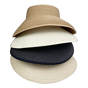 Women Sun Visors with Roll-Up Ponytail Packable Foldable Wide Brim Straw UV Protection Sun Beach Hats for Women Travel(Khaki)