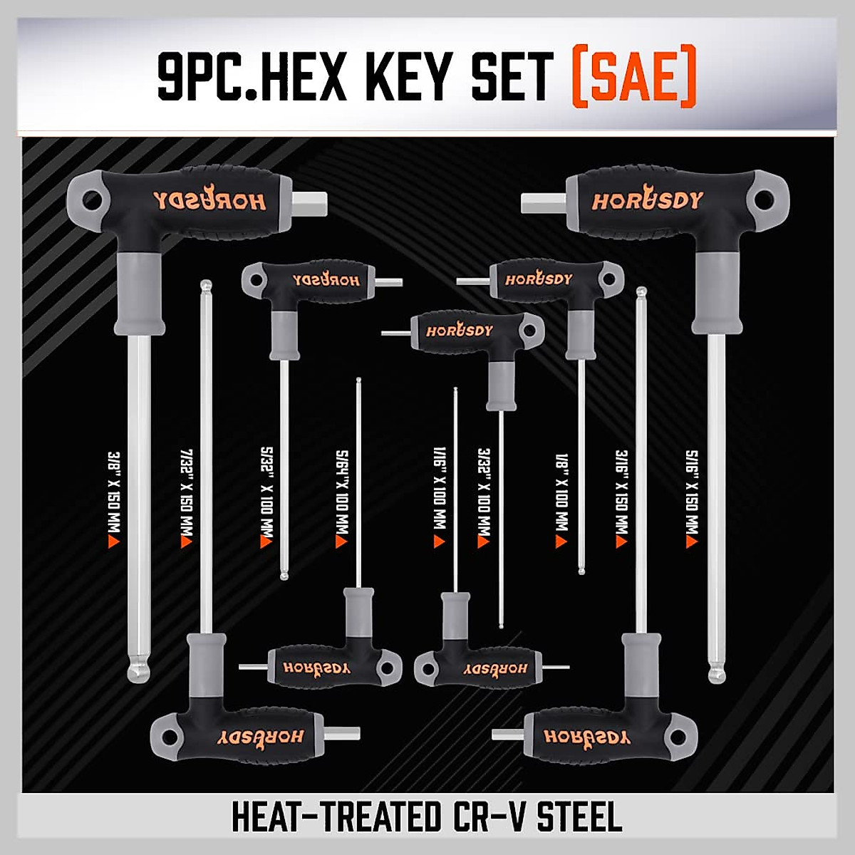 HORUSDY 18-Piece T-Handle allen wrench set, Inch/Metric Long Arm Ball End Hex Key Wrench Set, MM(1.5mm-10mm) SAE(1/16"-3/8")