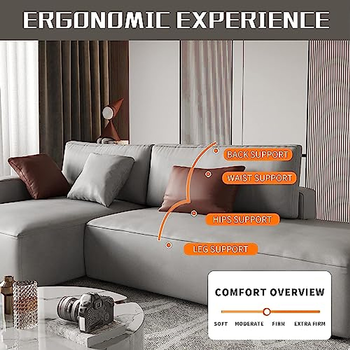 JACH 145" Modular Leathaire Large Sectional Sofa with Chaise, L-Shaped Faux Leather 5 Seater Minimalist Couch, Modern Right Hand Facing Sectional Sofas with 3 Throw Pillows (Beige)