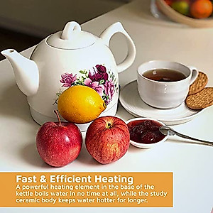 White Country Rose Ceramic Kettle - 1L | Cordless kettle with retro design | Fast boiling with anti-limescale properties | From Jean Patrique