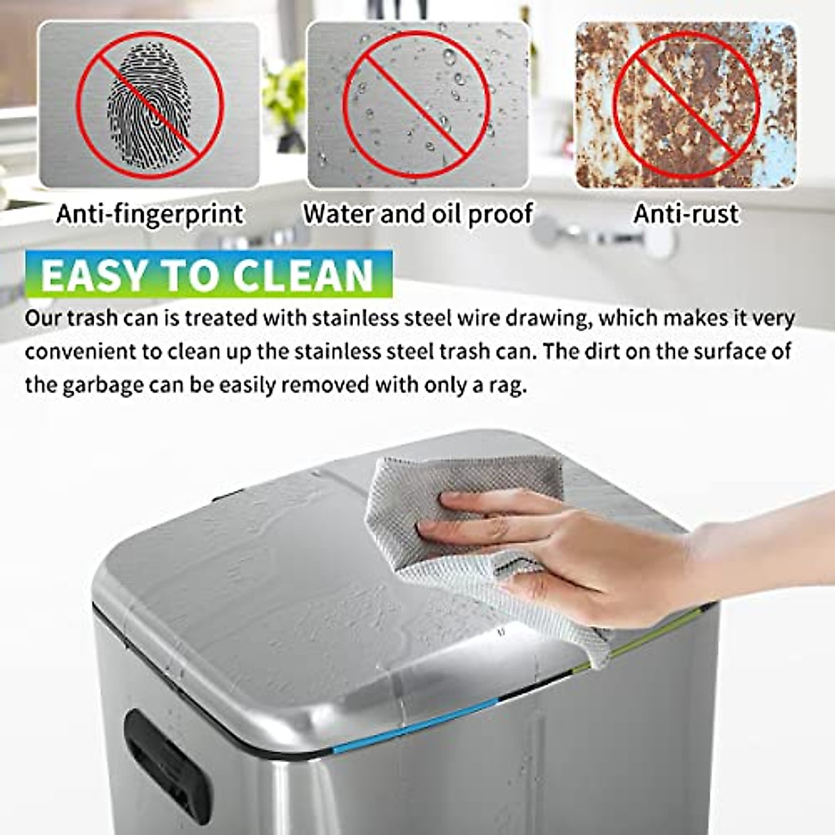Bigacc Metal Dual Step Trash Can 10 Gallon/40L Stainless-Steel Garbage Can with Soft-Close Lid Anti-Fingerprint Mute Designed Trash Bin Trash Can for Kitchen,Bathroom,Restroom Office, Silver