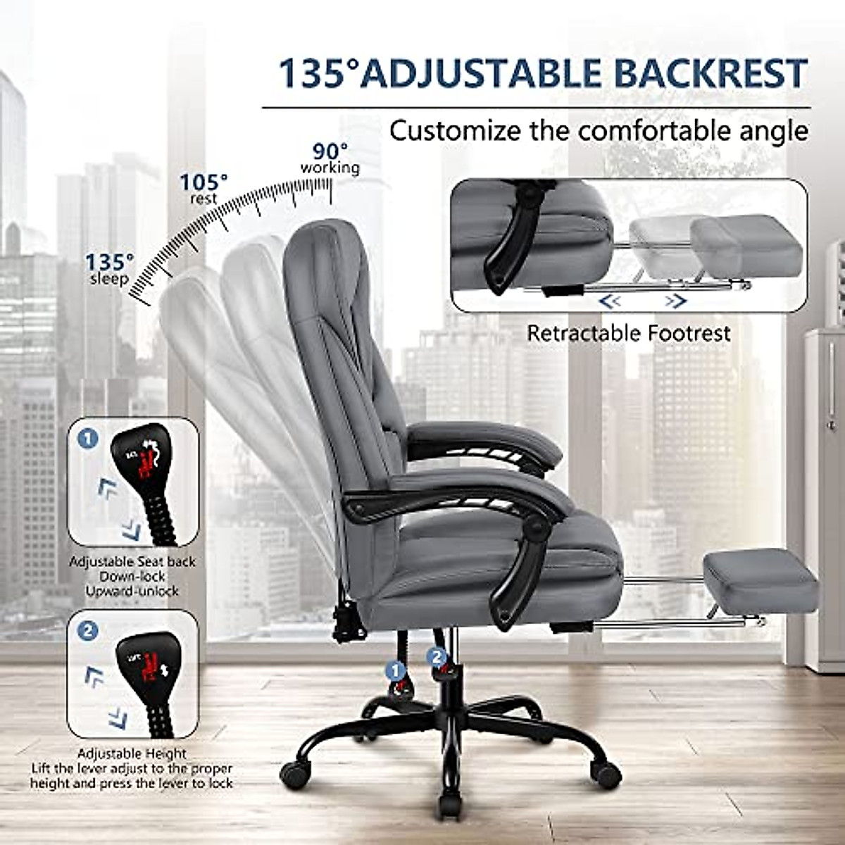 Guessky Executive Office Chair, Big and Tall Office Chair with Foot Rest Reclining Leather Chair High Back Home Office Desk Chairs with Lumbar Support Ergonomic Office Chair with Padded Armrests(Gray)