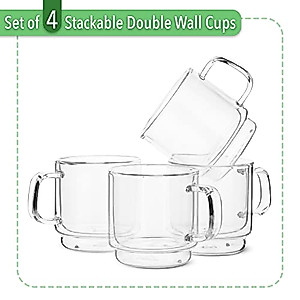 BTaT- Stackable Double Wall Glass Cups, Set of 4 (8 oz, 240 ml), Tea Cups, Glass Coffee Mugs, Cappuccino Cups, Latte Cups, Latte Mug, Clear Coffee Cup, Glass Tea Cups, Mother's Day Gift