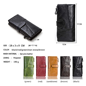 Contacts Real Leather Women Secretary Zipper Phone Holder Clutch Purse Wallet (Black)