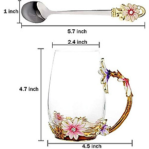 Glass Tea Mug, Mother's Day Gifts, Handmade Enamel Daisy Flower Coffee Cup Set with Handle, Unique Valentine's Day Birthday Gift Ideas for Women, Christmas New Year Party Supplies -13oz Pink