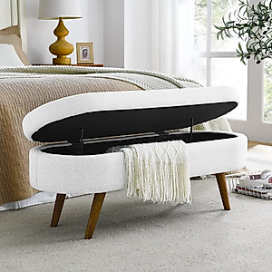 Deolme Storage Ottoman Bench, 43 inches Long Flip Top Vanity Entryway Bench, Modern Linen Fabric End of Bed Bench Footstool with Rubber Wood Legs for Living Room, Bedroom, Entryway (White)