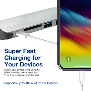 Verbatim 6-in-1 USB C Hub w/Dongle - USB Hub for Laptop w/ 2 USB 3.0, USB C, SD Card Reader, 4K HDMI, Ethernet, Compact & Portable USB-C Hub