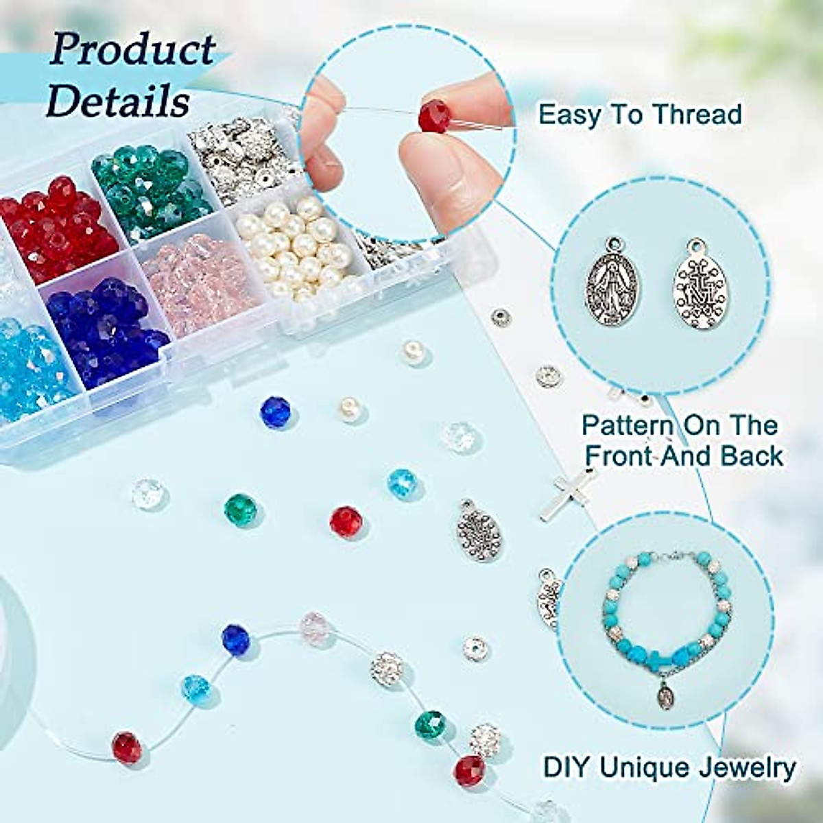 arricraft 376 Pcs Bracelet Making Kit, Assorted Mixed Color Glass Beads Findings Glass Pearl Beads, Cross Alloy Pendants & Hangers for Craft Jewelry Stretch Bracelet