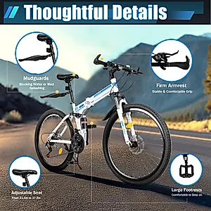 WenDissy 26" Mountain Biking, Steel Frame Folding Adult Bicycle, Disc Brakes Front and Rear 21-Speed Shifting Full Suspension Mountain Biking for Men Women