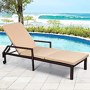 AECOJOY Chaise Lounge Chairs for Outside Outdoor Lounge Chairs, Adjustable PE Rattan Wicker Patio Pool Lounge Chair with Cushion and Wheels for Poolside Backyard Deck Porch Garden, Brown