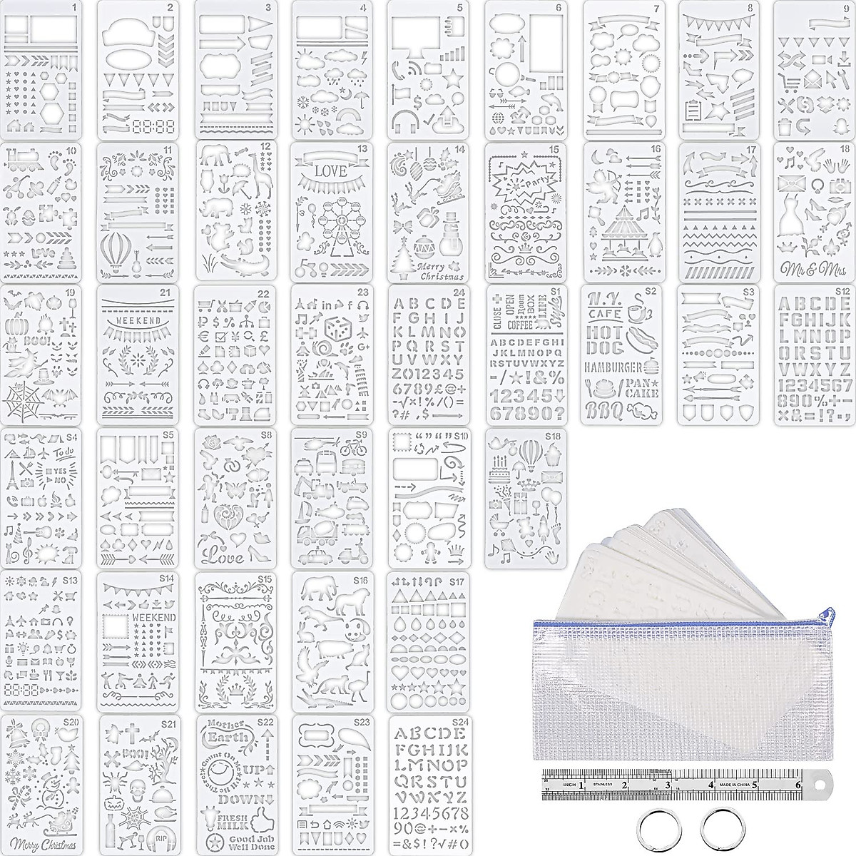 48 Pieces Journal Planner Stencils Plastic Bullet Stencil with A6 File Bag, Steel Ruler and 2 Pieces Metal Key Rings for Notebook, Diary, Scrapbook and DIY Drawing Template, Total 52 Pieces