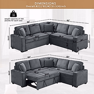 THSUPER 82'' Chenille L-Shaped Sleeper Sectional Sofa with Pull-Out Bed & Reversible Convertible Feature for Living Room, 5-Seater with 3 Pillows Included. Dark Grey