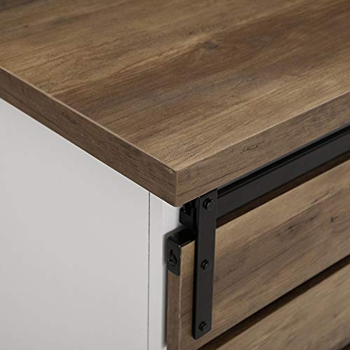 Walker Edison Willa Modern Farmhouse Sliding Single Slat Door Storage Console, 32 Inch, White and Rustic Oak