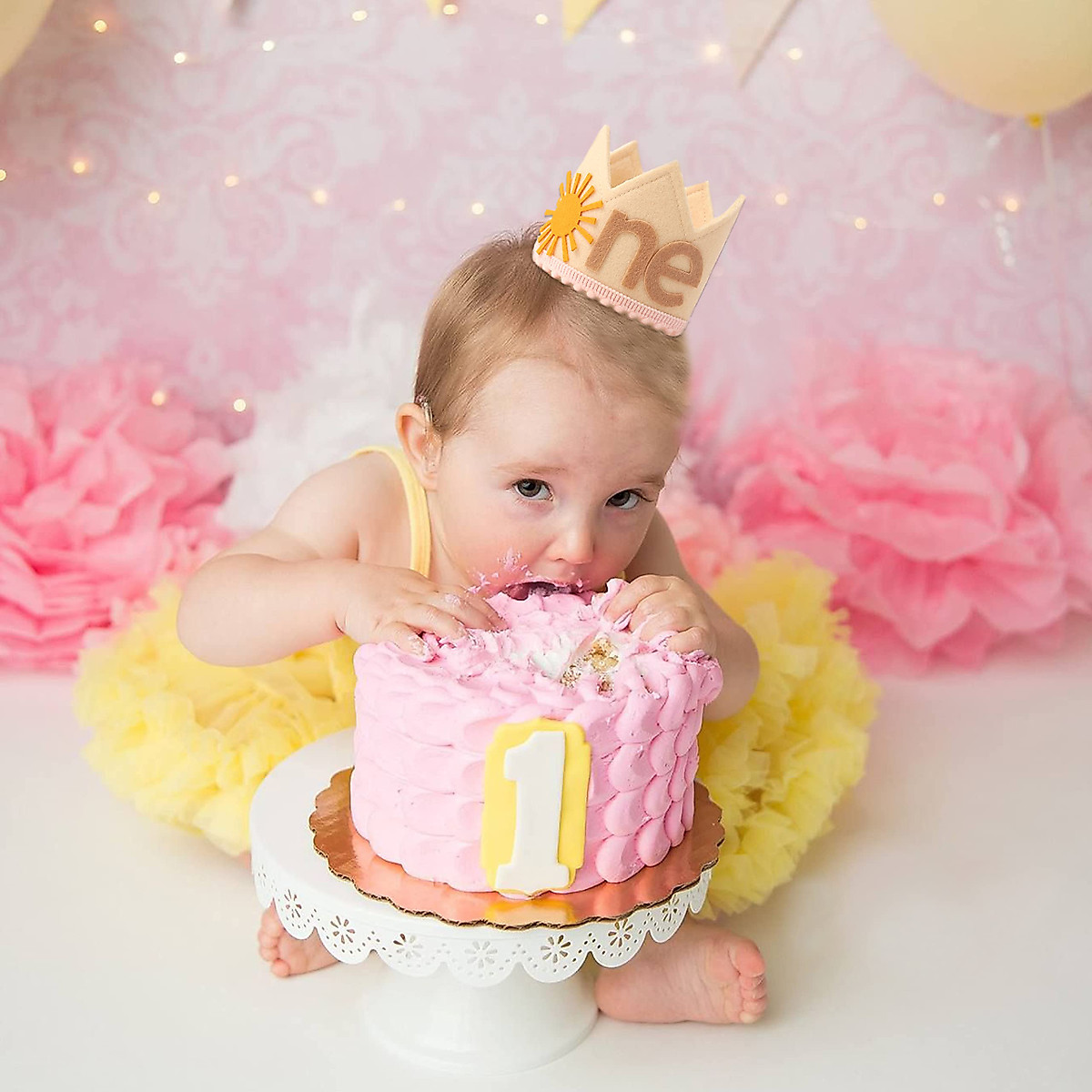 HUHJRUAR Boho Sun 1st Birthday Crown Hat - One Year Around The Sun Boho Sunshine First Party Decoration (SUN NE HAT)