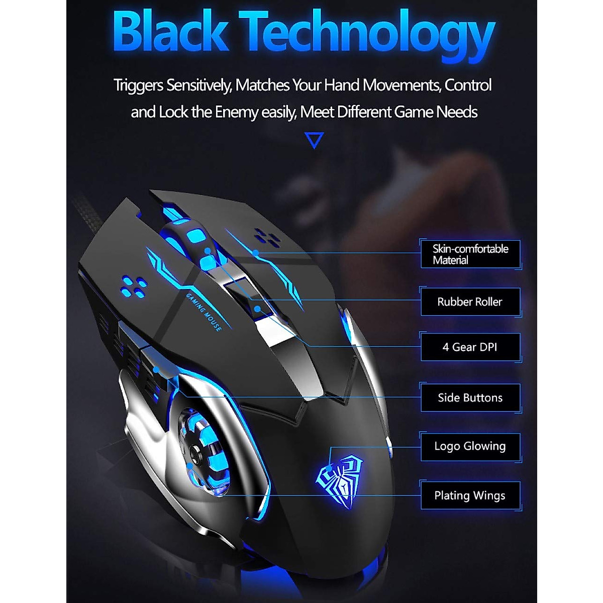 Gaming Mouse, Ergonomic USB Wired Gaming Optical Mice with 6 Programmable Buttons and 4 Colors LED Backlight, 4 DPI Settings Up to 2400 DPI Computer Mouse for Laptop PC Games & Work(Black)