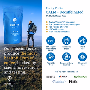 Purity Coffee CALM Decaf Medium Roast Whole Beans - USDA Certified Organic Specialty Grade Arabica Swiss Water Processed Decaffeinated - Third Party Tested for Mold, Mycotoxins, Pesticides - 12 oz Bag