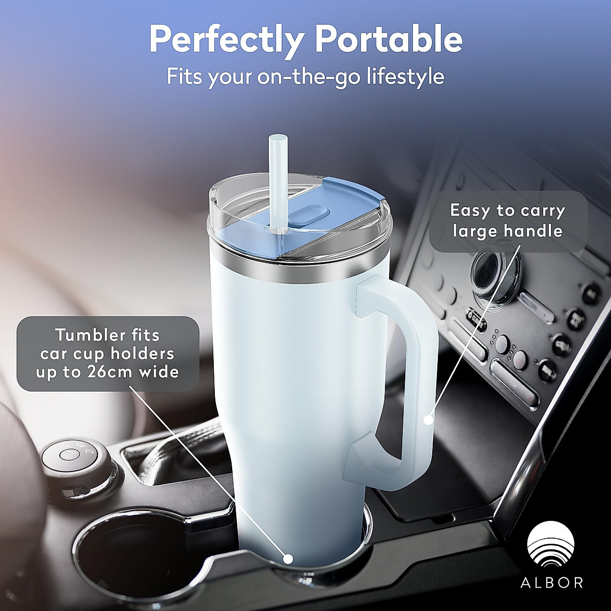 ALBOR 40 oz Insulated Coffee Tumbler With Lid and Straw, Insulated Water Bottle, Stainless Steel Tumbler, Leak Proof Water Bottle, Travel Coffee Mug (40 oz, Glacier)