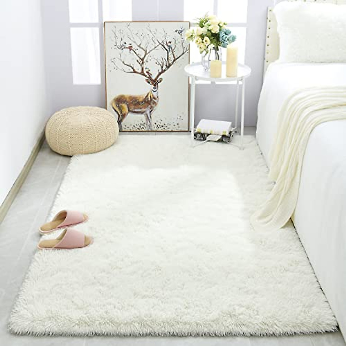 Merelax Modern Soft Fluffy Large Shaggy Rug for Bedroom Livingroom Dorm Kids Room Indoor Home Decorative, Non-Slip Plush Furry Fur Area Rugs Comfy Nursery Accent Floor Carpet 4'x6' Ivory