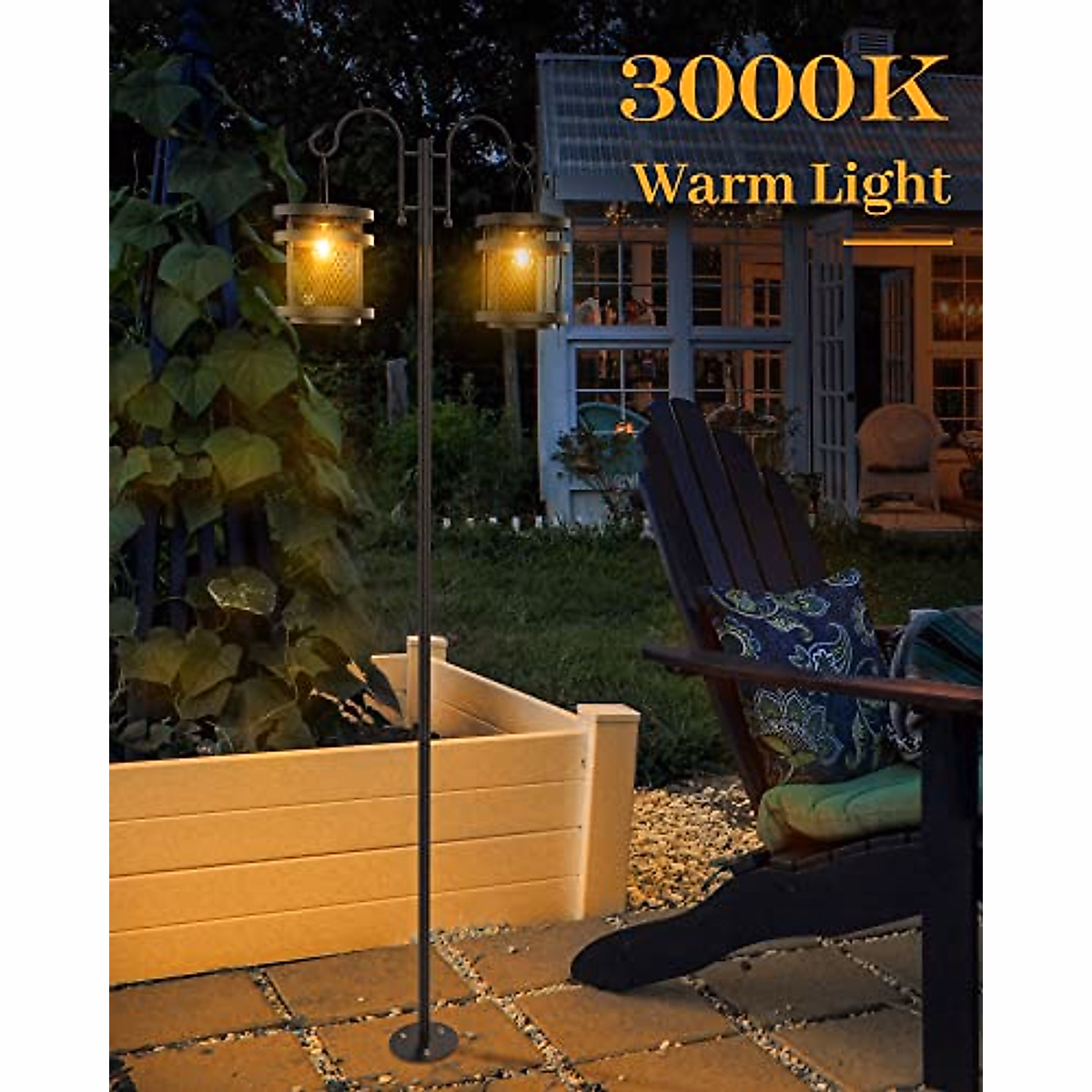 Solar Outdoor Floor Lamp with 2 Hanging Lanterns JACKYLED Solar Landscape Floor Lamp with Shepherd Hook Pole 61'' Tall, IP65 Waterproof Metal Solar Outdoor Lights for Garden Patio Porch Deck Yard Path